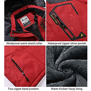 TREKEK Men's Winter Ski Rain Warm Fleece Waterproof Outdoor Mountain Hiking Windbreaker Hooded Snow Coat, Red, Medium