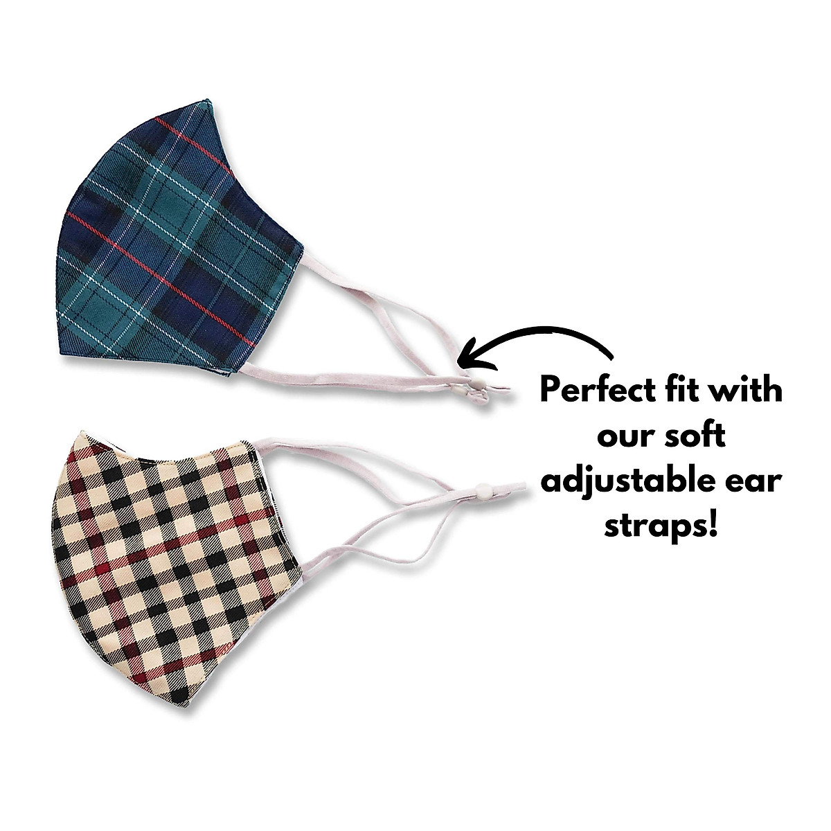 HOPE LOVE SHINE Cotton Face Masks with Adjustable Ear Loops and Filter Pocket for Adult Men and Women - Reusable, Breathable, and Washable - Green Plaid, Beige Plaid, Black, and Navy - 4 Pack