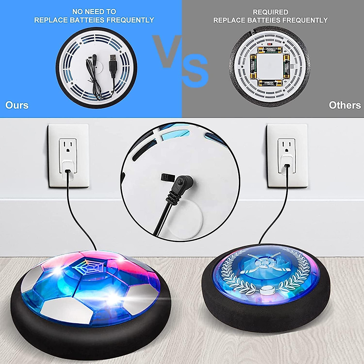 Nazano 3-in-1 Hover Hockey Soccer Ball Kids Toys Set, Led Lights Floating Air Football, Indoor Outdoor Sport Toys for Kids, Christmas Birthday Gifts for Boys Girls Aged 3 4 5 6 7 8-12