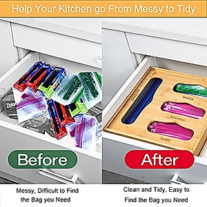 Bamboo Ziplock Bag Storage Organizer for Kitchen Drawer, Wooden Food Storage Bag Holders, Ziploc Baggie Organizer Dispenser, Compatible with Gallon, Quart, Sandwich & Snack Bags Variety Size Bag