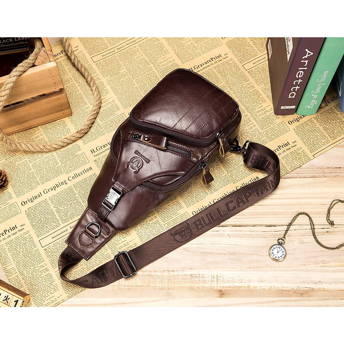 BULLCAPTAIN Leather Men Sling Bag Casual Crossbody Chest Bags Travel Daypack (Brown)