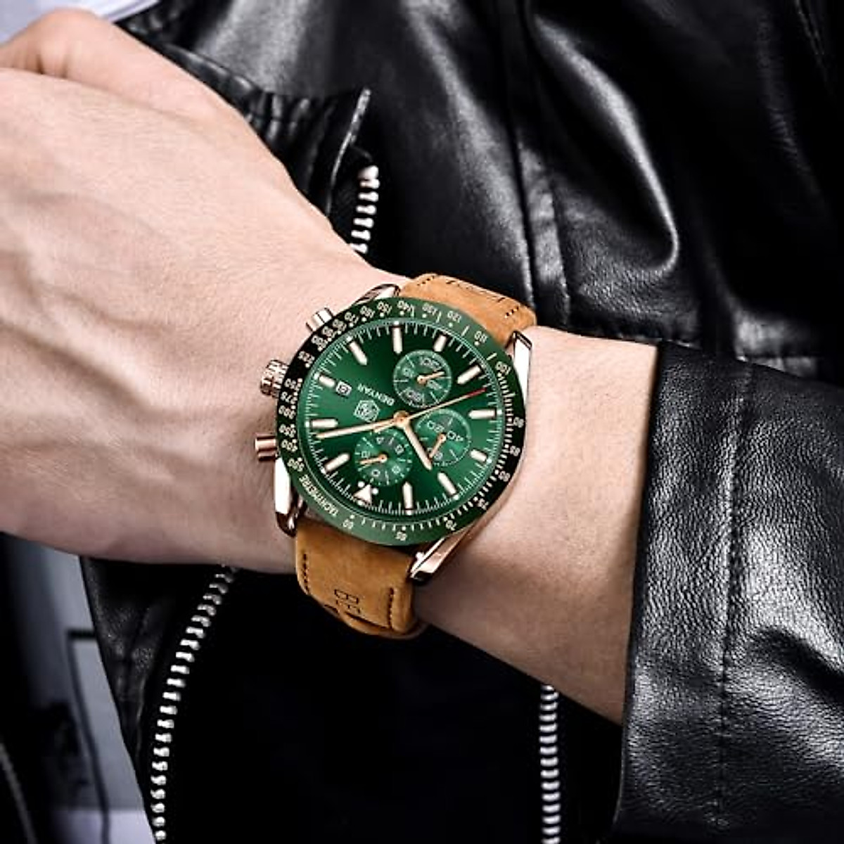 BY BENYAR Men's Watches Analog Quartz Waterproof Watch Sport Leather Watch for Men Fashion Elegant Chronograph Casual Wristwatch（Green）