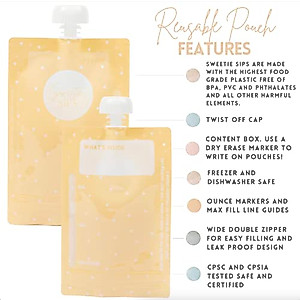 Sweetie Sips Reusable Food Pouches 10-Pack 6oz Baby Food Storage Refillable Toddler Squeeze Pouch for Kids Washable Freezer Safe Homemade Purees Smoothies