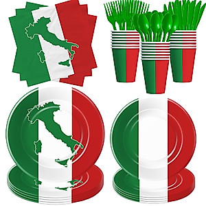 Suhelkit Italian Party Decorations Tableware - Disposable Italy Flag Party Supplies, Paper Plate, Napkin, Cup, Cutlery, Italian Flag Party Decorations Dinnerware For Birthday Baby Shower | 24 Guests
