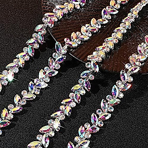 BBTO Bling Rhinestone Chain Trim Applique Crystal Flower Leaf Chain Sewing Trim Crafts Bridal Costume Embellishment Chain Trim for Jewelry DIY Necklace Bags Wedding Parties (AB, 6 Yards)