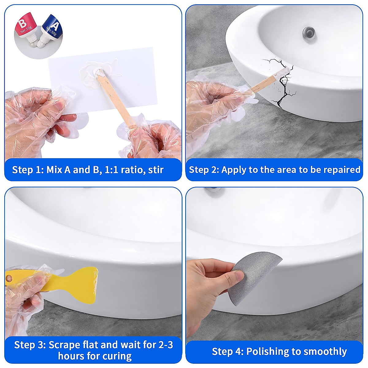 Faburo Fiberglass Tub Repair Kit White, Porcelain Sink Repair Kit White, Tile Repair Kit for Fix Crack Hole Scratch and Dent Bathtub Chip Fix, Quartz Chip Bathtub Repair Kit