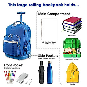 J World New York Sunrise Kids Rolling Backpack for Girls Boys Teen. Roller Bookbag with Wheels, Indigo, 18"