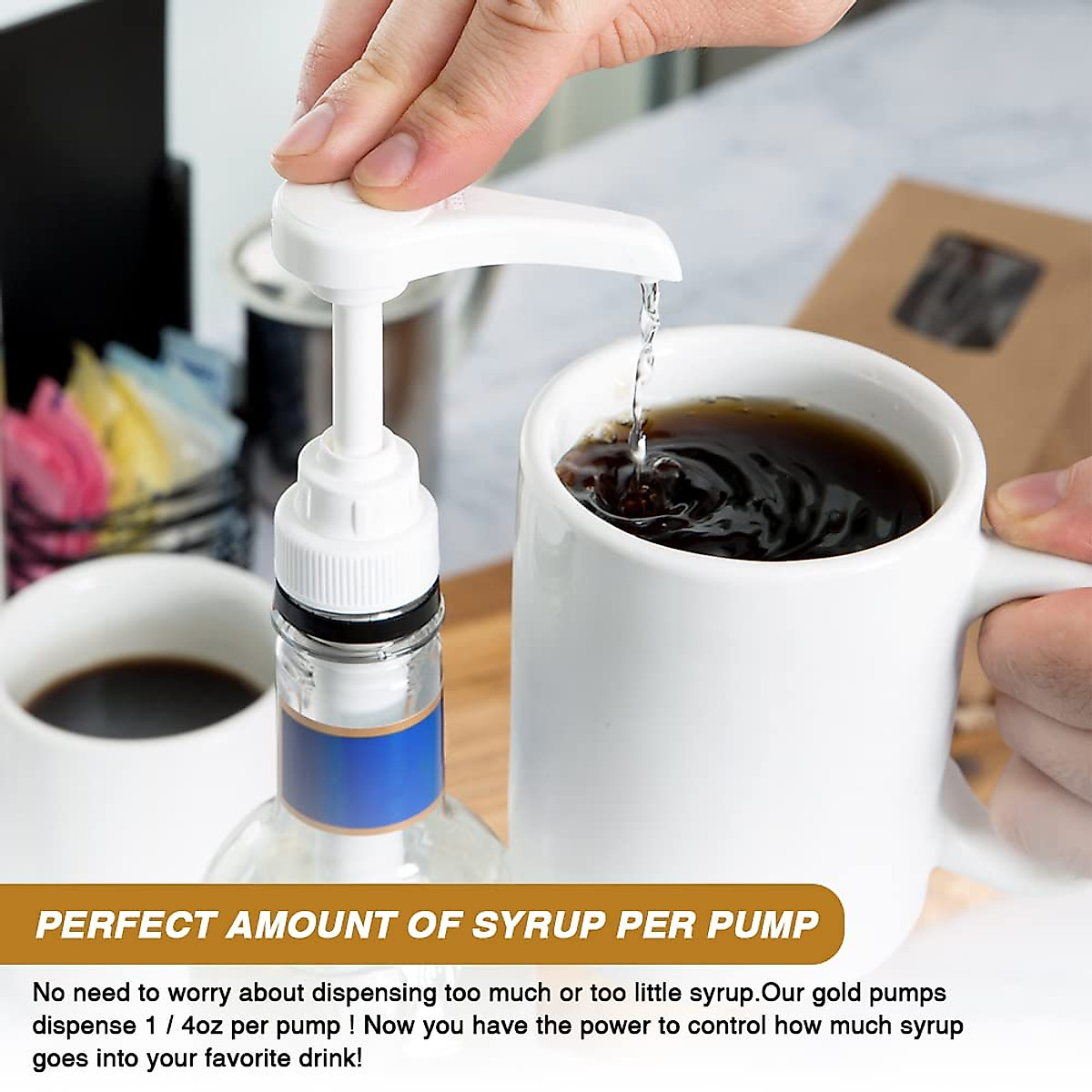 DupakSYS Premium 8 Packs Coffee Syrup Pump Dispenser, Fits 25.4 Oz/750ml Coffee Flavoring Syrup Bottles, No Dripping, Great for Home & Coffee Bar Drinking Mixes, Tea, Beverage, Cocktails, Free Spoons (Gold)