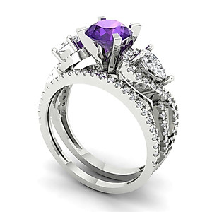 Clara Pucci 2.0ct Round Cut Solitaire 3 stone Natural Amethyst Engagement Promise Anniversary Bridal Ring Band set Real 14k White Gold 4