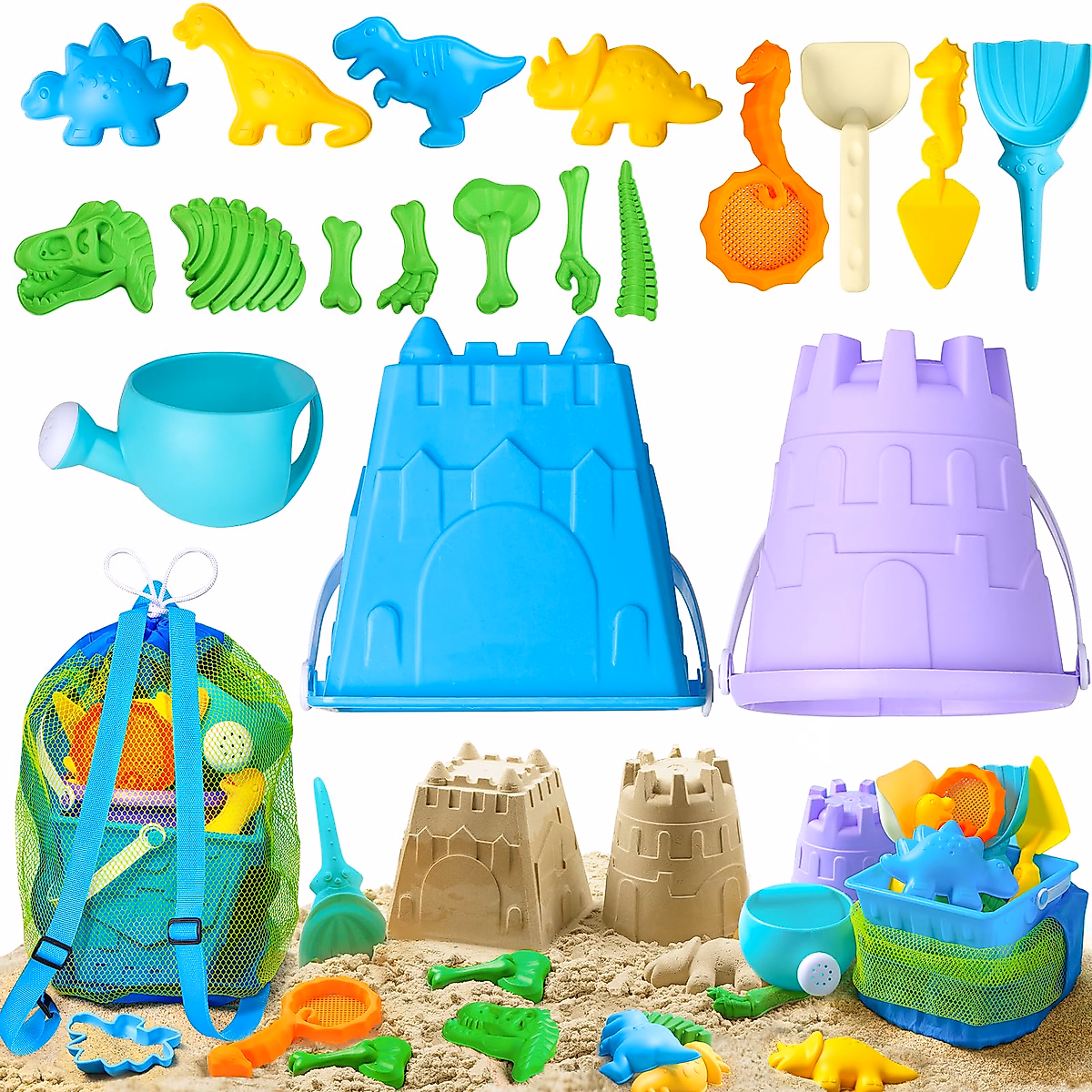 DISHIO Beach Sand Toys for Kids Sand Box Beach Toys with Mesh Bag,Sand Castle Bucket and Shovel,Sand Molds,Waterig Can, Sieve, Dinosaur Beach Toys Kit for Kids&Toddlers Outdoor Travel 18pcs
