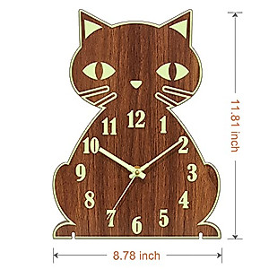 Night Light Wall Clock - Cat Wall Clocks Glow in Dark, Silent Non-Ticking Wood Clocks Battery Operated, Rustic Farmhouse Modern Clock Decorative for Kitchen Living Room Bedroom (12 Inch)