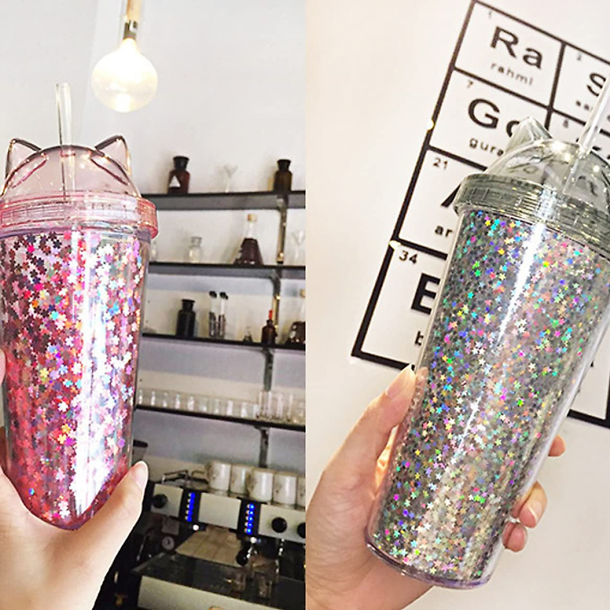 AEIOFU Water Bottle Plastic Cup with Straw, Sequins Double Layer Water Bottle with Cat Ears Glitter Water Cup for Girls Pink