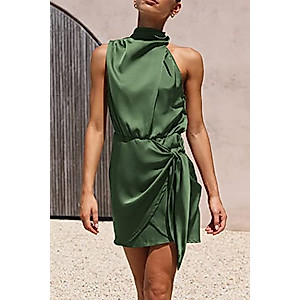 PRETTYGARDEN Women's Short Formal Satin Dress 2023 Summer Sleeveless Mock Neck Tie Waist Cocktail Party Dresses (Army Green,Small)