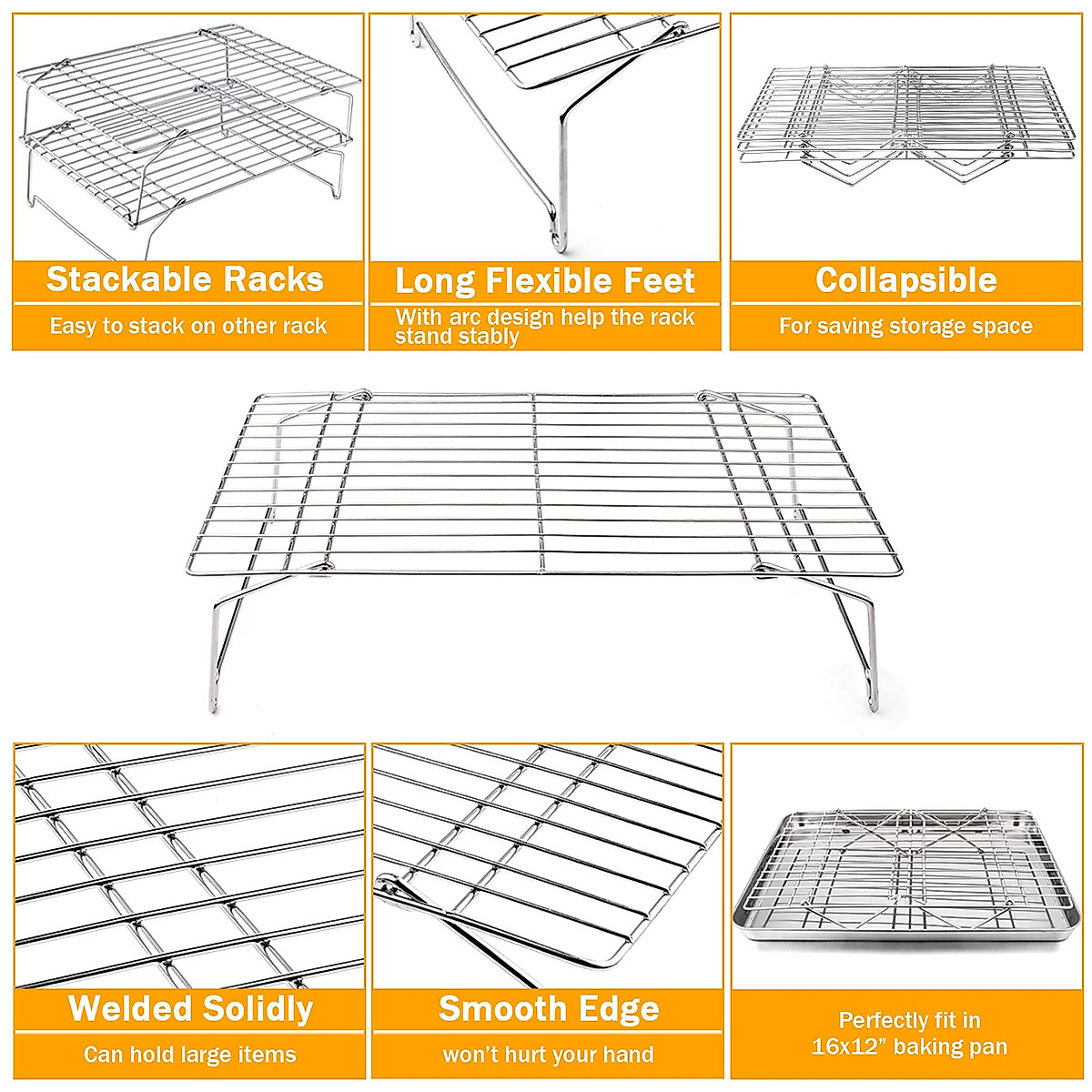 TeamFar Cooling Rack, 5-Tiers Stainless Steel Baking Cooling Wire Rack for Baking Roasting Cooking, Healthy & Firmly Weld, Stackable & Collapsible, Dishwasher Safe, 15”x10”