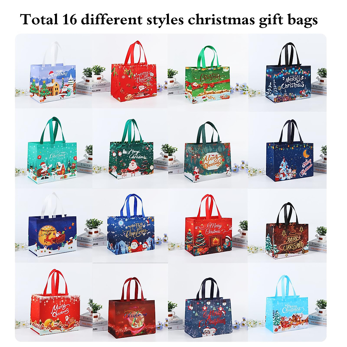 16PCS Christmas Gift Bags,Reusable Gift Bags with Handles, Fabric Christmas Tote Bags, Multifunctional Christmas Bags for Gifts Wrapping Shopping, Xmas Party Supplies Decorations, 12.6”×9.9”×6.7"
