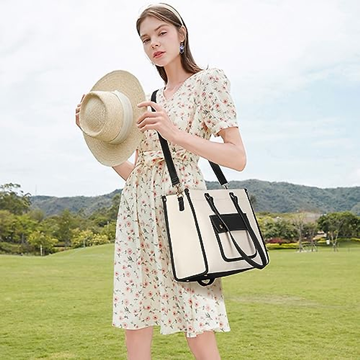 Laptop Bag for Women 15.6 Inch Canvas Tote Bag Water Resistant Large Capacity Work Bags Lightweight Office Briefcase Business Computer Bag Stylish Shoulder Bag Handbag, Black