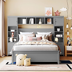 Harper & Bright Designs Full Storage Bed with Bookcase Headboard, Full Size Platform Bed with 4 Storage Drawers, Solid Wood Full Bed Frame with Cabinet and Shelf, No Box Spring Needed (Gray)