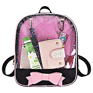 PG6 FF1 Candy Leather Bow Backpack Clear Beach Girls Bag Ita Bag, Black-pink, One Size