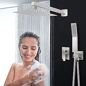 NearMoon Wall Supply Elbow with Handheld Shower Holder - Solid Brass Square Shower Bracket with Flange G1/2 Shower Hose Connector, Wall Mounted Drop Union Male Water Outlet (Brushed Nickel)