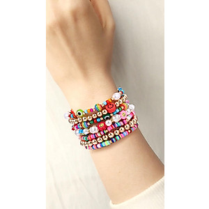 Beaded Stretch Bracelets for Women Rainbow Heishi Bracelet Set Colorful Clay Flower Evil Eye Gold-tone Beads Bracelet Summer Beach Bracelet Jewelry