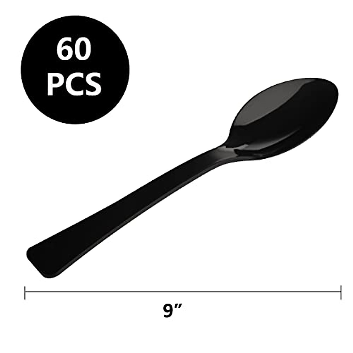 9 Inch Plastic Spoons, Disposable, 60 Count, Heat Resistant, Heavy Duty Bulk Serving Utensils Set, Food Safe Material, BPA Free, Black