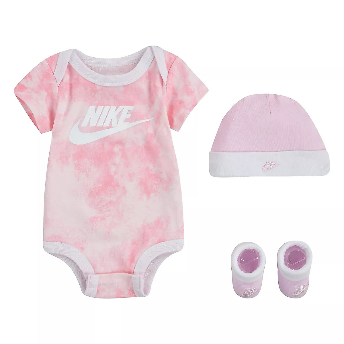 Nike Baby Girls Tie Dye Bodysuit, Bootie and Hat 3 Piece Set (Pink(NN0646-A9Y)/White, 0-6 Months)