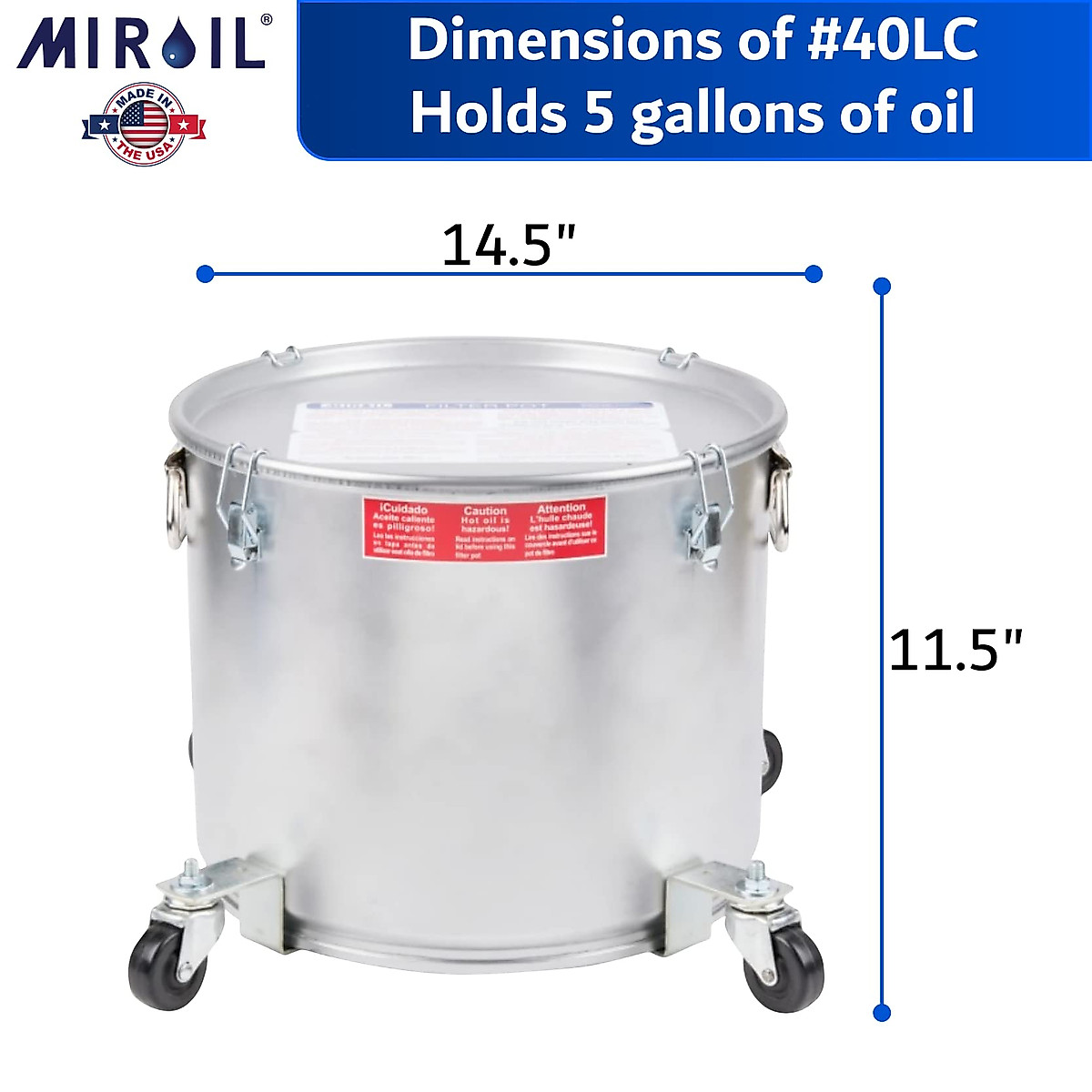 MirOil 40LC Restaurant Oil Caddy | Gasketed Safety Lid with Quick Lock Clips | Fryer Capacity Up to 35 lbs | Caster Wheel Base Included