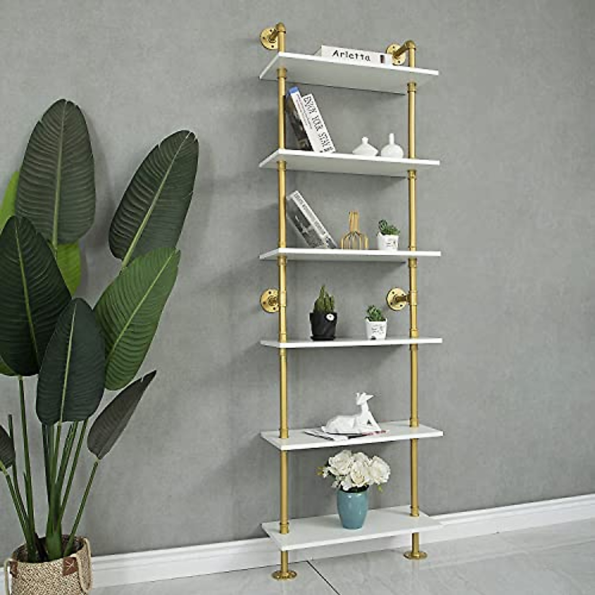 ZIOTHUM 6 Tier Gold Bookshelf, White and Gold Shelves, Modern Shelves Shelf Bookcase Metal Mid Century Open Industrial Wall Mount Accents Decor Retail Shelving Vertical for Living Room