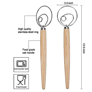 Pack of 2 Danish Dough Whisk Blender Dutch Bread Whisk Hook Wooden Hand Mixer Bread Baking Tools for Cake Bread Pizza Pastry Biscuits Tool Stainless Steel Ring 13.5 inches 0.22 lb/pcs