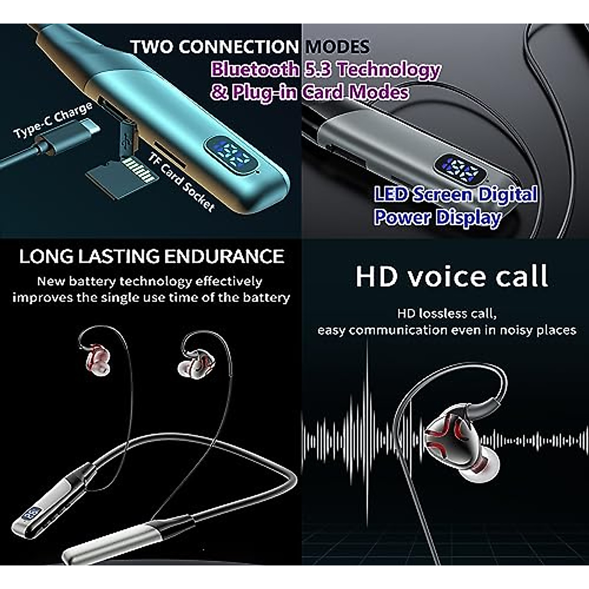 OYEALEX Neckband Bluetooth Headphone, Wireless Earbuds in-Ear Noise Cancelling HiFi Stereo Clear Headsets, LED Screen Display, Waterproof, Built-in Microphone for Phone Call Music(Grey)