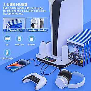 Cooling Station with Dual Controller Charging Station for PS5, Upgraded Accessories Vertical for PS5 Stand, 3-Levels Cooling Fan, 3 USB Hub and Headset Holder for Playstation 5 Disc/Digital Edition