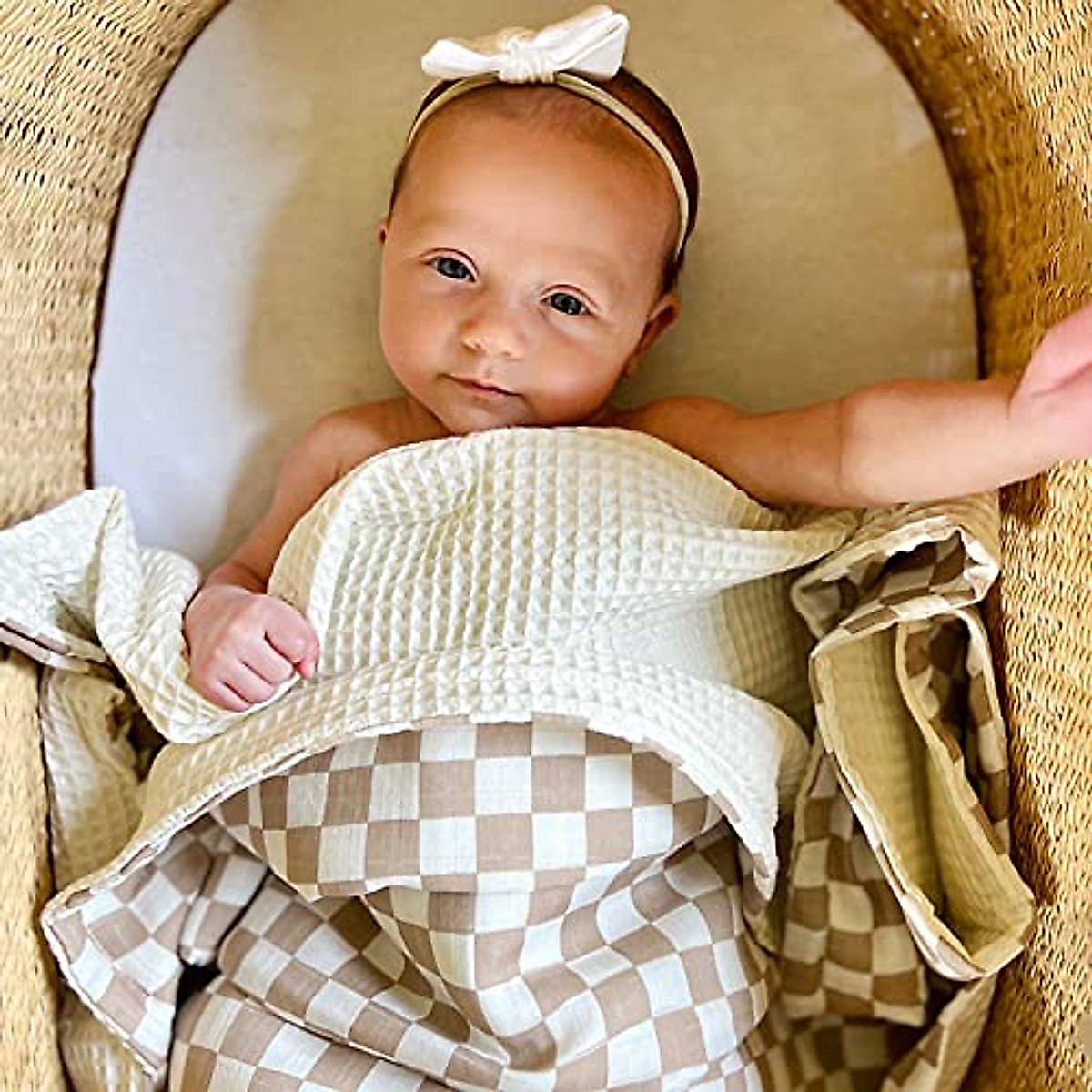 LifeTree Waffle Baby Blankets Neutral, Muslin Checkered Swaddle Blankets for Boys Girls, 2 Layers Crib Stroller Blanket Receiving Blankets with Muslin Front and Waffle Backing Infant Newborn