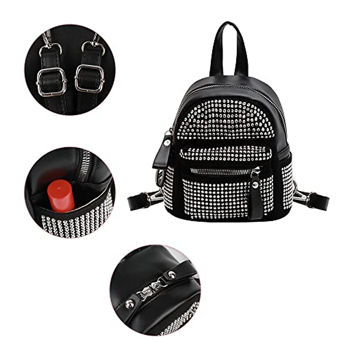 Casual Rhinestone Mini Backpack Gothic Daypack Purse Studded Faux Leather Small Travel for Women Girls, Silver