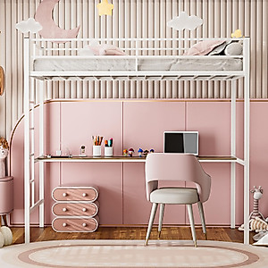 IKIFLY Metal Twin Size Loft Bed with Desk & Charging Station, Heavy Duty Loft Bed Frame with Safety Guard Rail and Ladder, Space-Saving Design, Noise Free, No Box Spring Needed - White