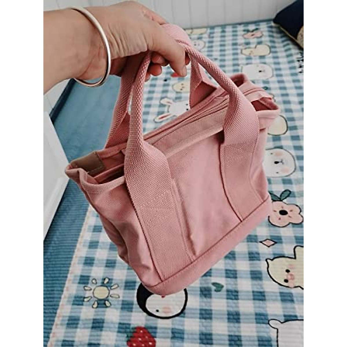 Canvas Tote Bag Women Small Mini Tote Bag Zipper Satchel Crossbody Shoulder Handbags Purse Pink
