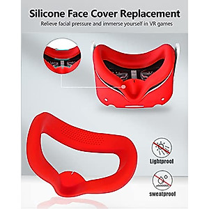 Hanpusen 4-in-1 Silicone Cover Set for Oculus Quest 2 Accessories, Controller Grips Cover, Anti-Fogging VR Face Cover,VR Headset Shell Protective Cover, Shakes Stick Caps Red