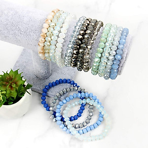 RIAH FASHION Bohemian Multi-Layer Beaded Stacking Bracelet - Versatile Stretch Strand Statement Wrap Slip-on Bangle Shiny Crystal Bead (Sparkly Mix - Yellow)