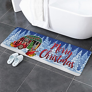 Libaoge Kitchen Mat Rug 1 PCS Merry Christmas Tree Gift Red and Green Camper in Snow Runner Rug Anti-Fatigue Comfort Memory Foam Standing Mat Non-Slip Floor Door Mat for Bathroom Bedroom 20x63in
