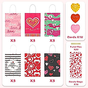 AKEROCK Valentines Day Gift Bags for Kids, 18 Pcs Paper Bags with Handles & 18 Pcs Cellophane Bags with Twist Ties & 18 Pcs Heart Shaped Cards, Valentine Bags bulk for Candy & Treat
