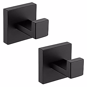 Lckaien Bath Towel Hooks , 2 Pack Stainless Steel Robe Coat and Clothes Hook, Heavy Duty Wall Hook for Bathroom & Kitchen, Modern Square Style Wall Mounted (Matte Black)