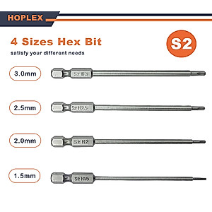 HOPLEX RC Hex Bit Set Hex Head Allen Wrench Drill Bit Set 1.5, 2.0, 2.5 & 3.0mm Upgrading of S2 Steel 1/4" Hex Shank 3.9" Long for Screwdrivers Bit Electric Screwgun/Power Drill RC Repair Working