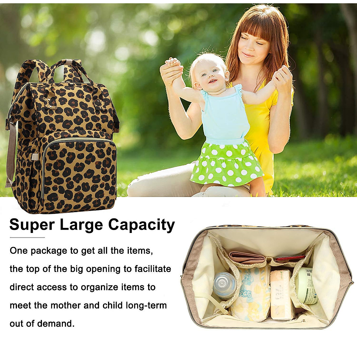 Adult Leopard Pattern Diaper Bag Backpack, Large Nappy Bag Changing Bag for Mom Dad