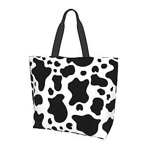ZHIZHEND Cow Print Canvas Tote Bags with Inner Pocket,Reusable and Large Capacity Shopping Bags,Washable Tote Bag for Women Teacher Mother