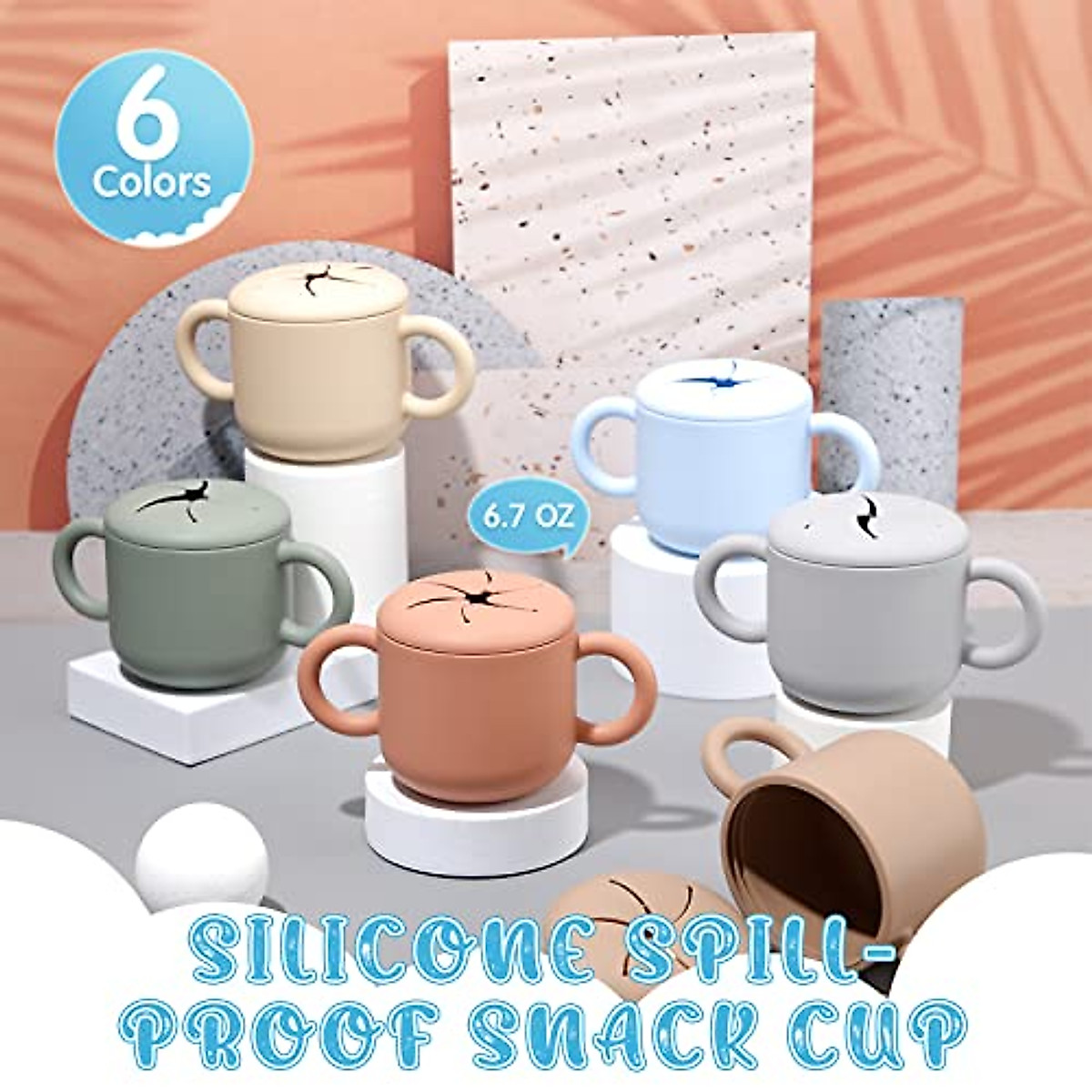 Zopeal 6 Pieces Silicone Snack Cups for Toddlers Spill Proof Food Container with Dust Proof Lid Double Handles for Infants Boys Girls, 6 Colors