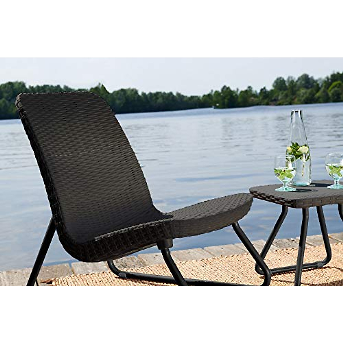 Keter Resin Wicker Patio Furniture Set with Side Table and Outdoor Chairs, Dark Grey