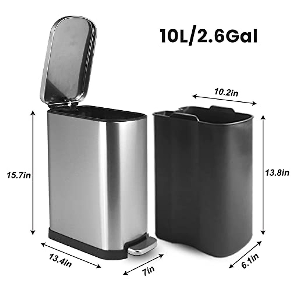 CLTEC 10L/2.6Gal Stainless Steel Trash Can with Lid Soft Close, Removable Inner Waste Basket, Rectangular Small Garbage Can for Bathroom Bedroom Office, Slim Step Trash Bin, Anti-Fingerprint Finish