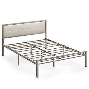 Nazhura Queen Size Bed Frame Steady Steel Platform with Fabric Headboard/Footboard (Champagne Color Frame)
