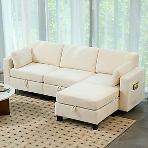 Real Relax Oversized 100'' Convertible Sectional Sofa Couch, 3 Seat L Shaped Chenille Modular Sofa with Removable Pillows and Movable Ottoman, Beige