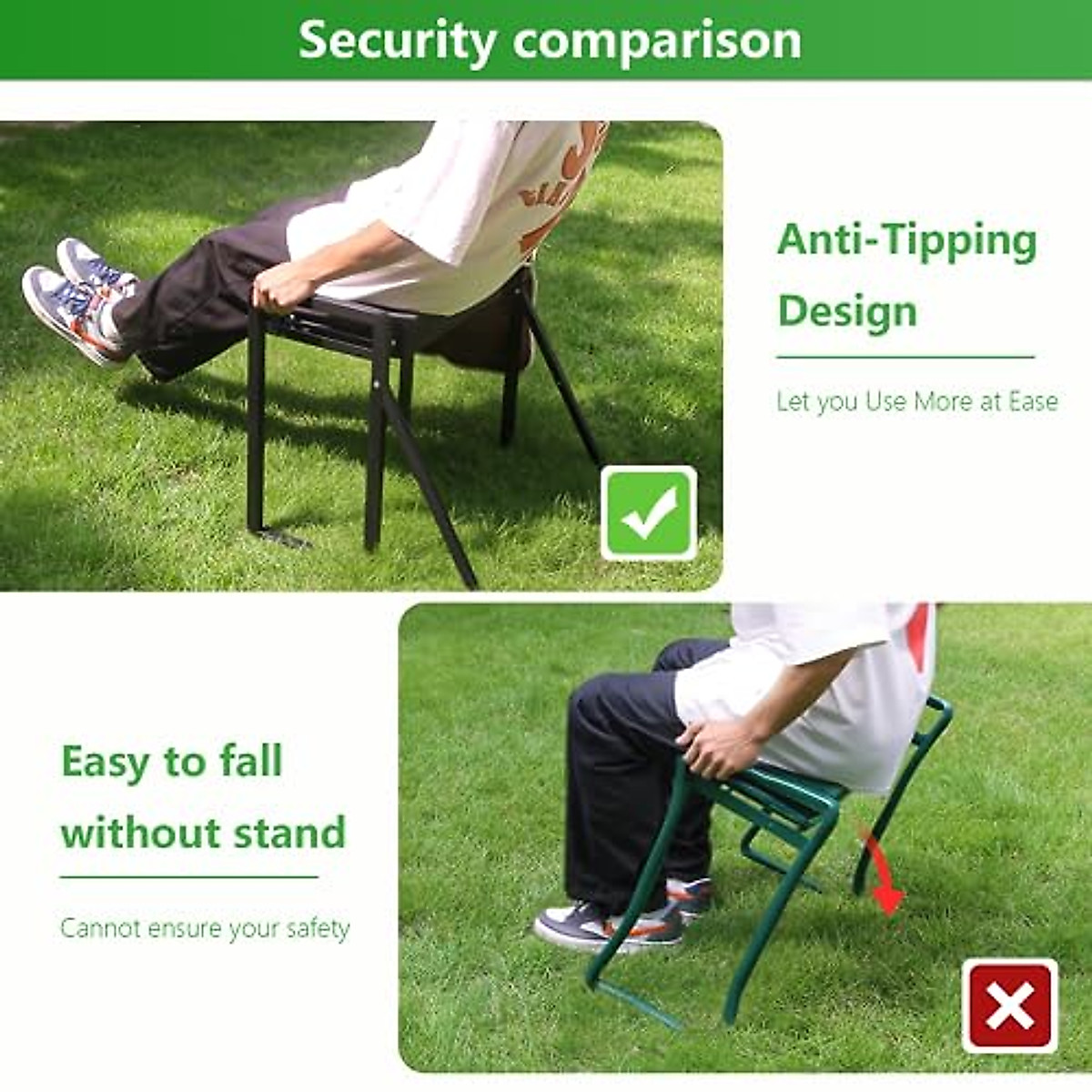 Onadak Anti-Tipping Garden Kneeler and Seat,Foldable Garden Stool Heavy Duty Gardening Bench,Garden Kneelers for Seniors,Great Gardening Gifts for Women and Men, Bench Comes with Tool Pouch,Black