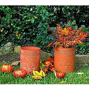 DNS Happy Harvest Buckets Large Metal Galvanized Burnt Orange Pumpkin Theme Containers Thanksgiving Fall Decorative Organizer (Set of 2) 9.2" & 8.8"
